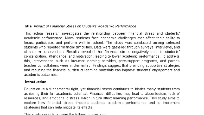 Impact of Financial Stress on Academic Performance: PG36 Research Study ...