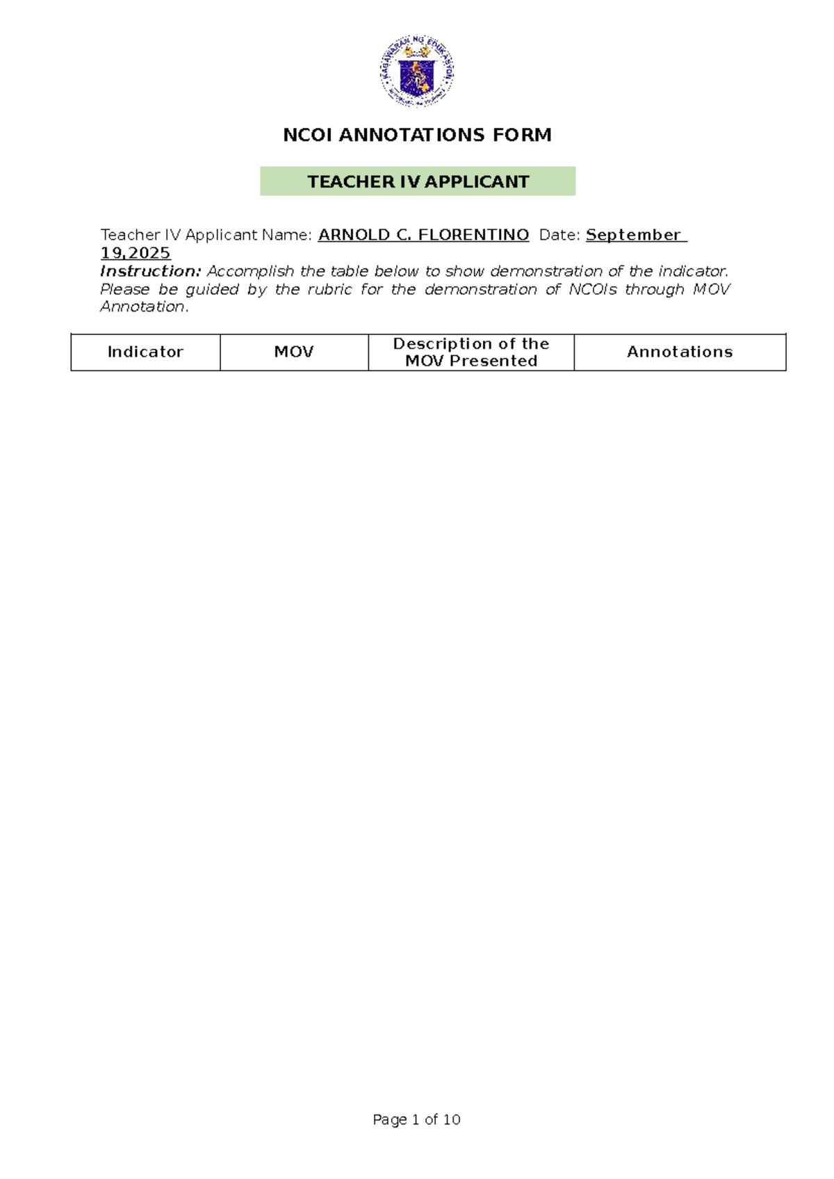 NCOI Annotations Form for Teacher IV Applicant: Arnold C. Florentino ...