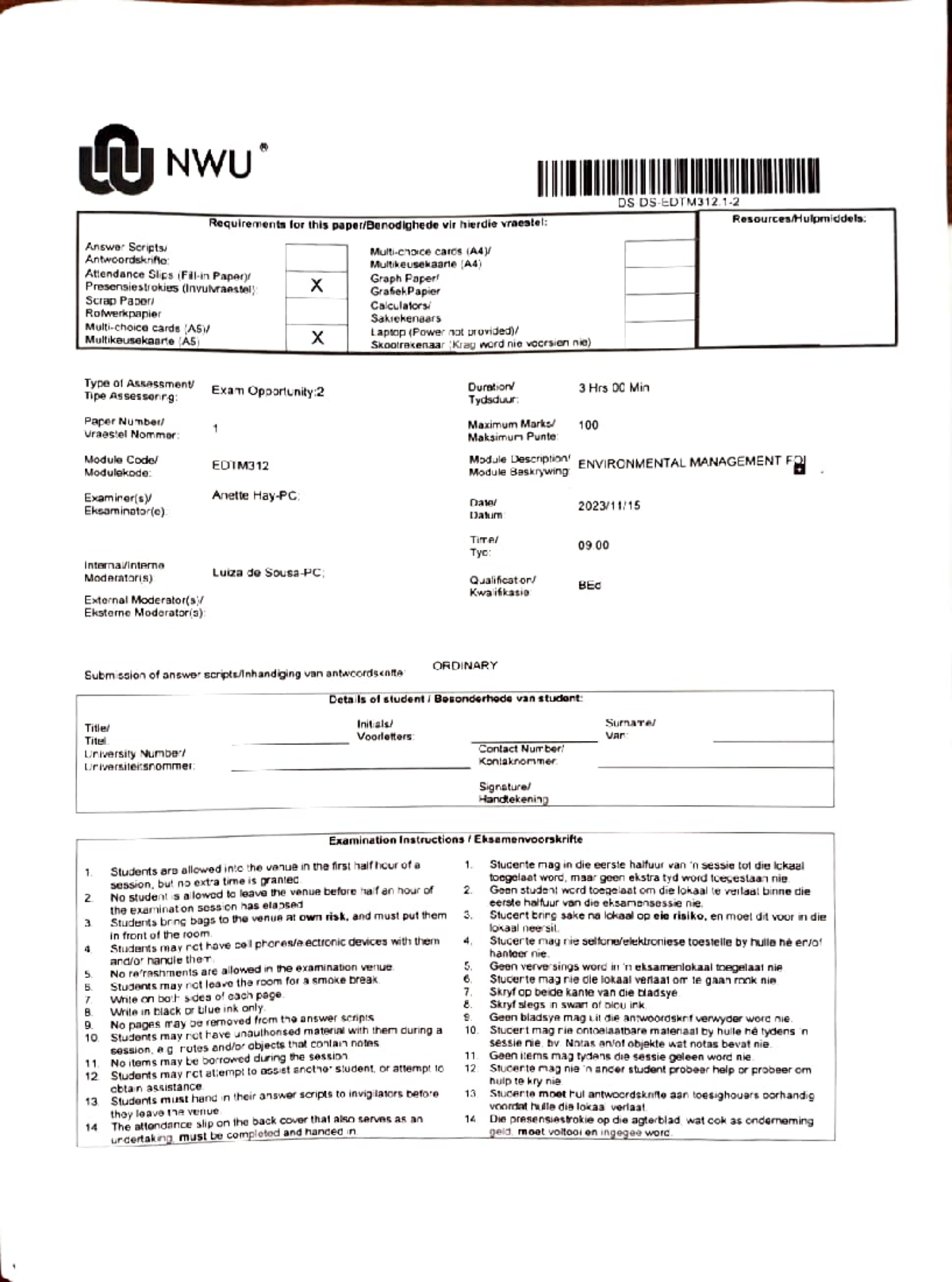 EDTM312: Exam Paper 1 | Environmental Management Instructions and ...
