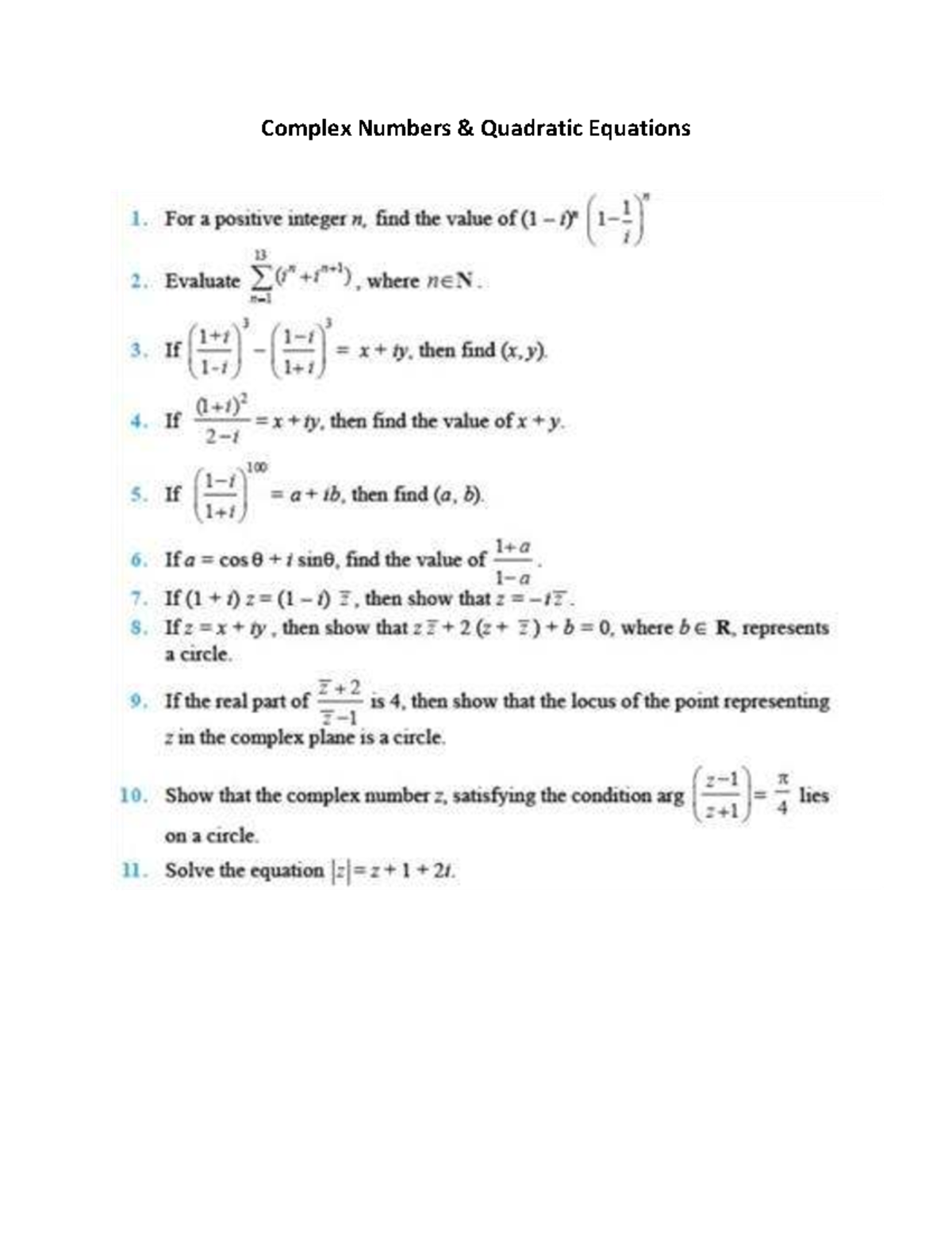 Complex Numbers & Quadratic Equations: Revision Notes (Course Code: 5 ...