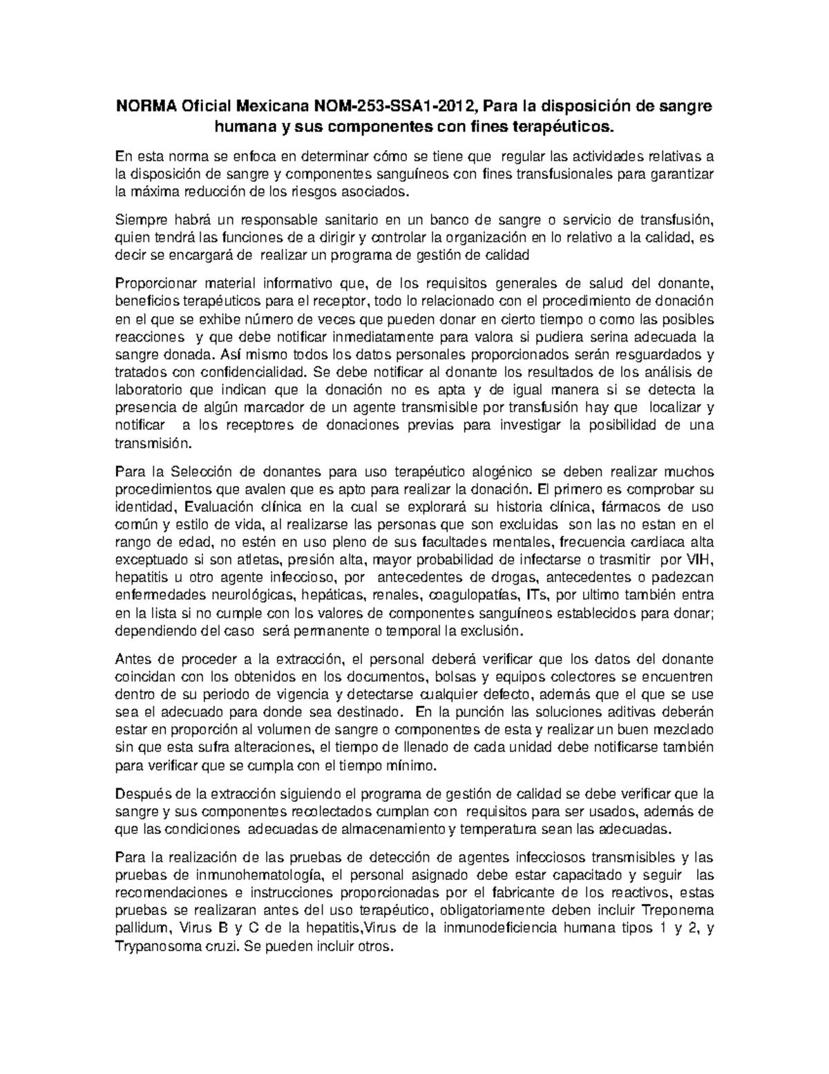 Norma Oficial Mexicana NOM-253-SSA1-2012: Disposición de Sangre y ...