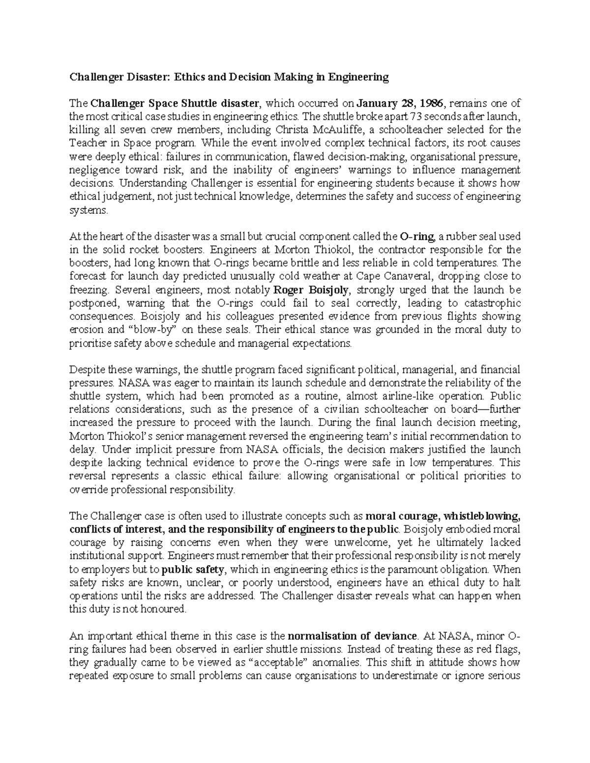 Challenger Disaster Case Study: Ethics in Engineering Decisions - Studocu
