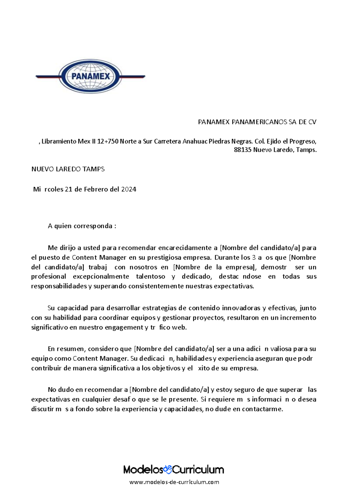 Carta de recomendacion laboral´ - l PANAMEX PANAMERICANOS SA DE CV ...