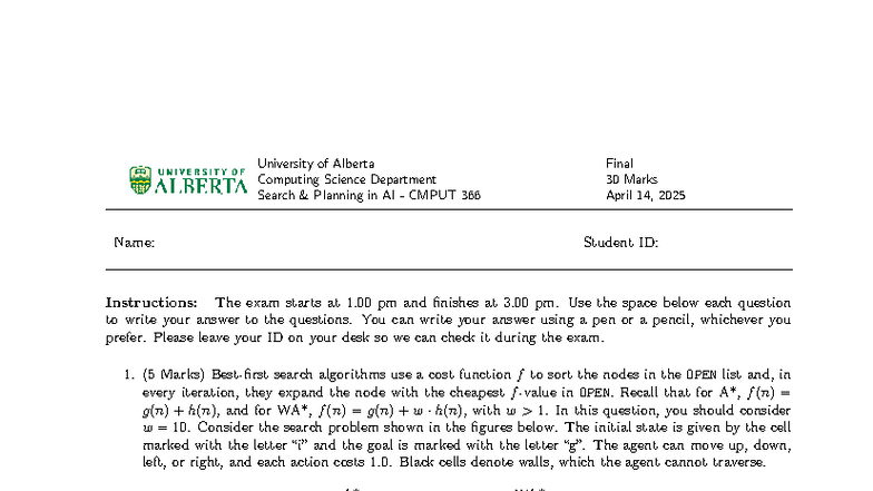 Final Exam Answer Key for CMPUT 366 - AI Search Planning - Studocu