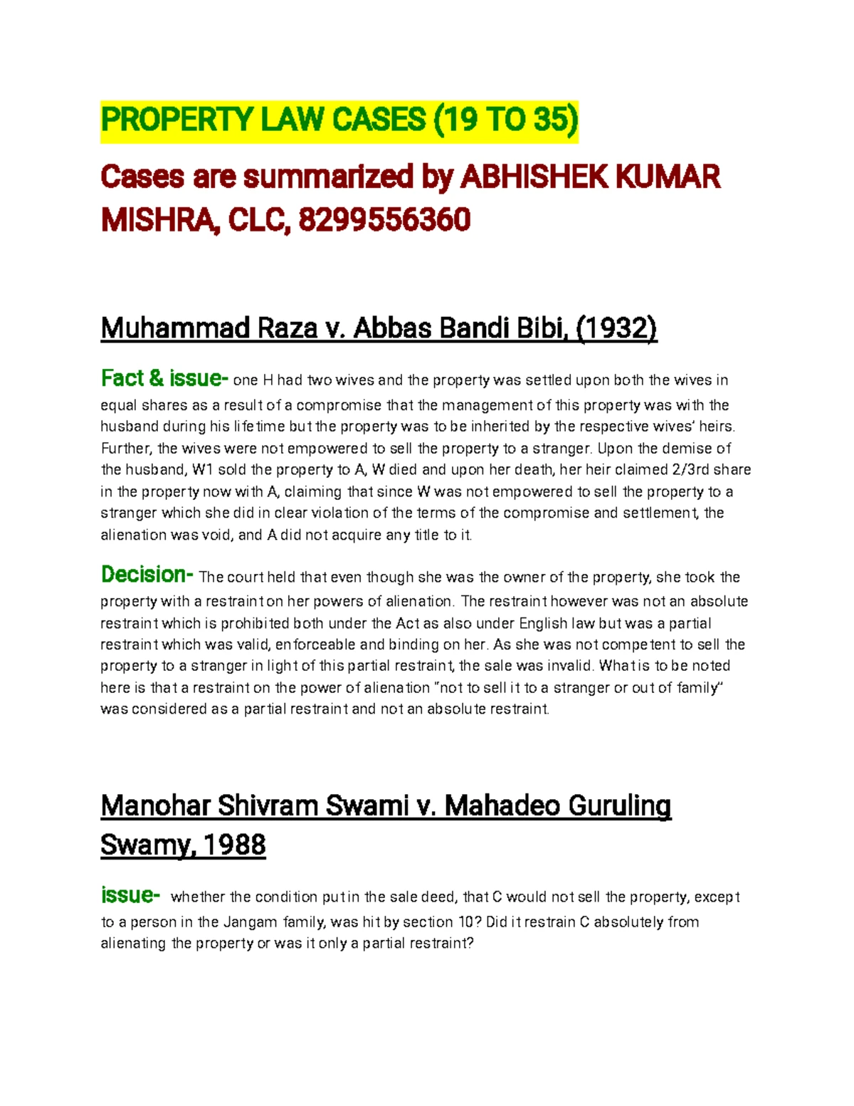 Property Law - Unit I: Essentials of Moveable and Immovable Property ...