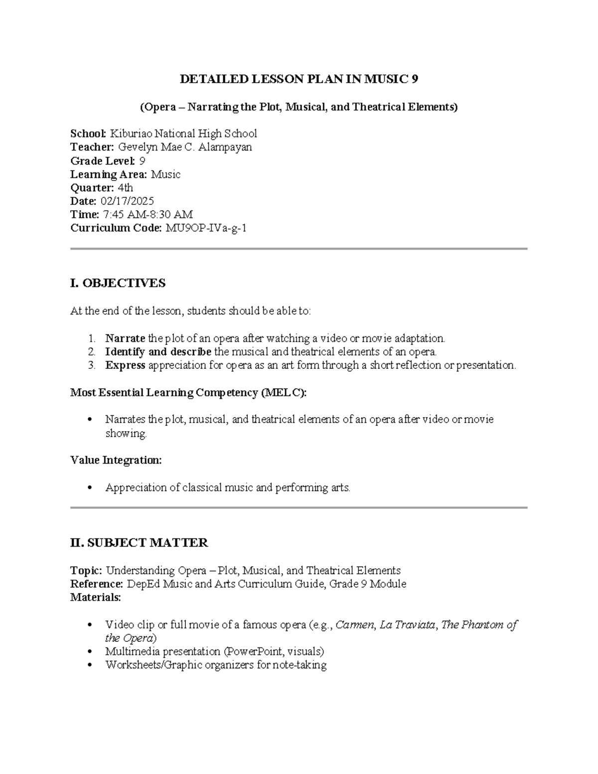 Detailed Lesson Plan: Understanding Opera for Music 9 (MU9OP-IVa-g ...