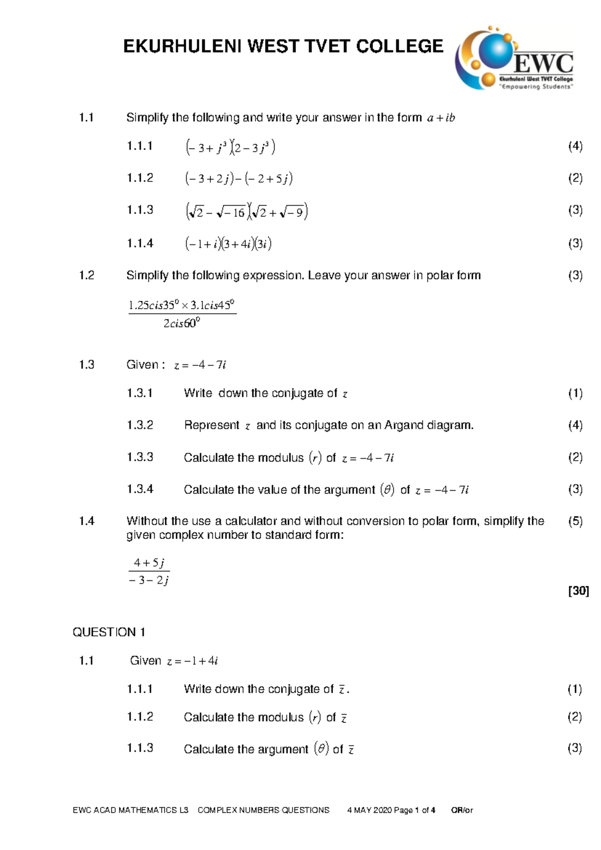 Mathematics L3 Complex Numbers Notes - EKURHULENI WEST TVET COLLEGE ...