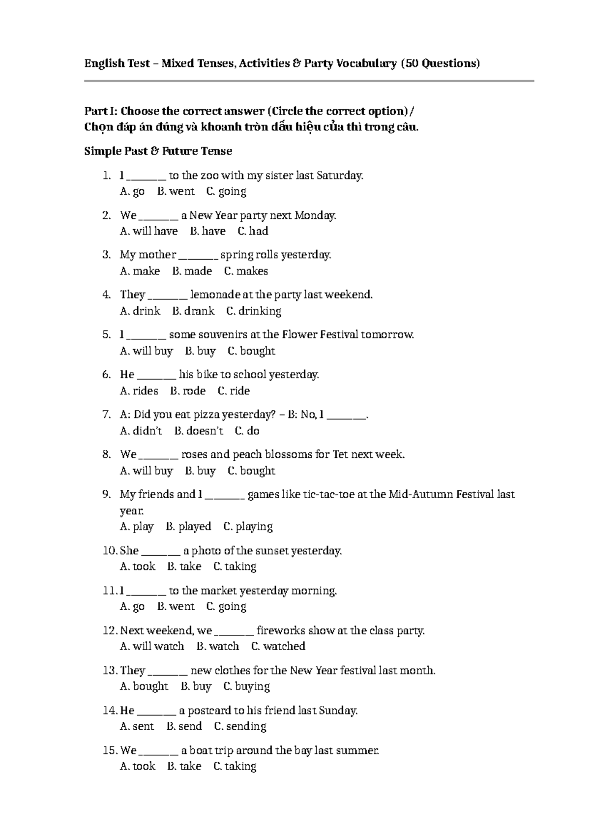 English Test: Mixed Tenses & Party Vocabulary Activities (50 Qs) - Studocu