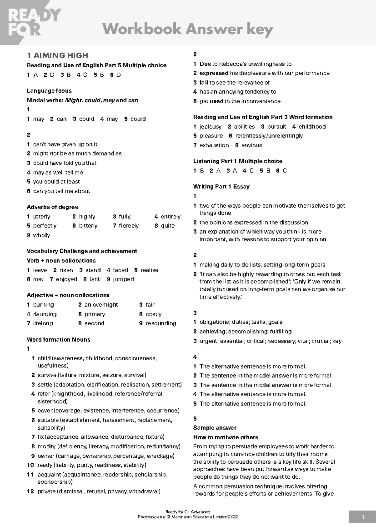 C1 Advanced WB Answer Key: Reading, Writing & Listening Exercises - Studocu