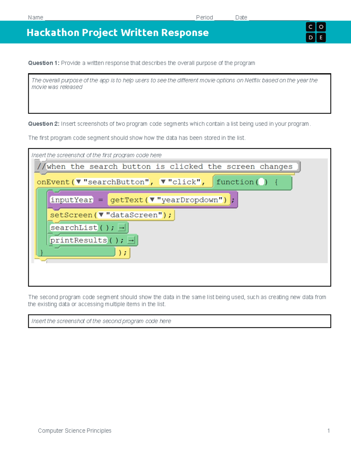 Hackathon project written responses - Computer Science Principles 1 ...