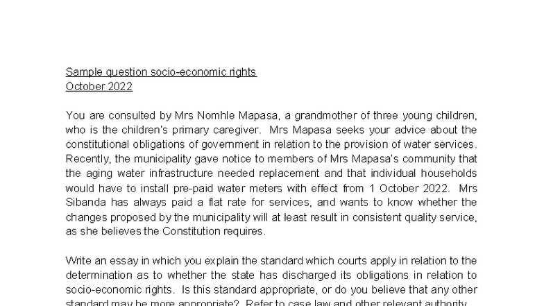 Sample Question on Socio-Economic Rights: Legal Obligations & Water ...
