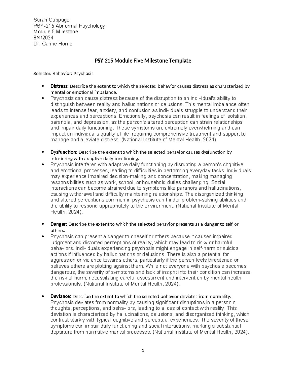 PSY 215 Module Five Milestone: Understanding Psychosis Impacts - Studocu