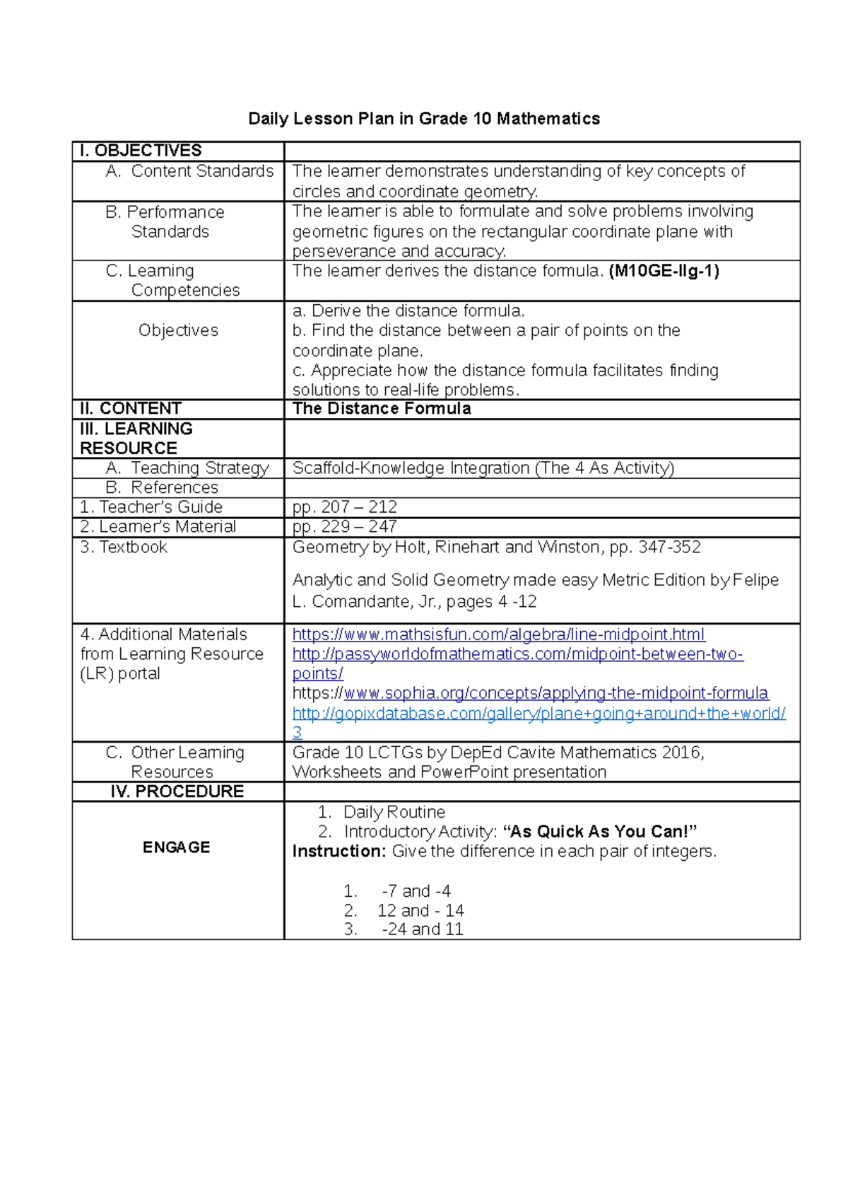 Grade 10 Mathematics 5Es Lesson Plan on the Distance Formula - Studocu