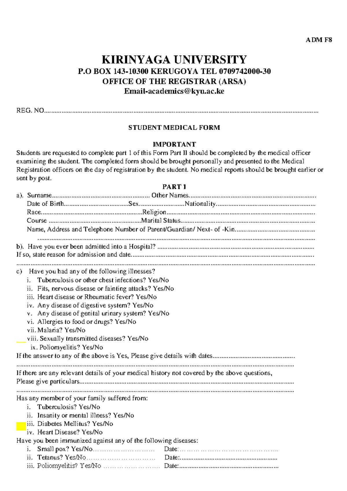 Medical Form GOK 2025 for Student Registration at Kirinyaga University ...