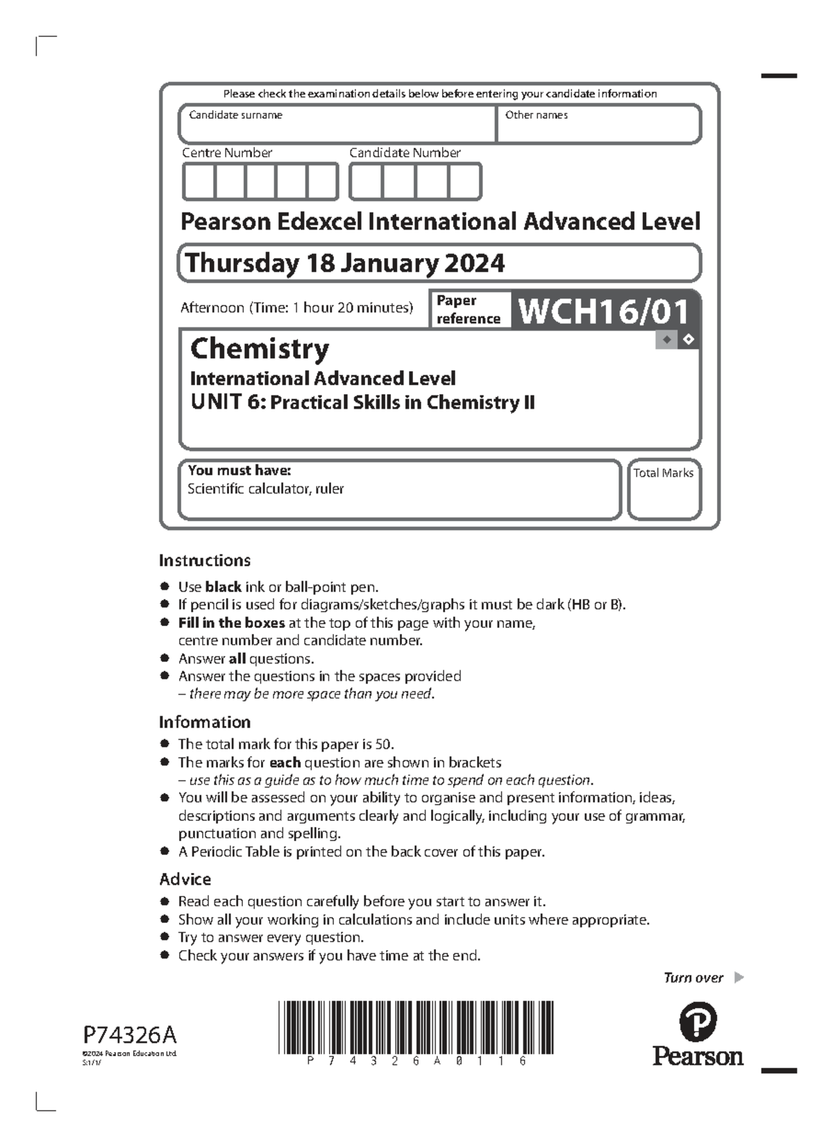 WCH16 01: Chemistry Practical Skills II Exam Paper - Jan 2024 - Studocu