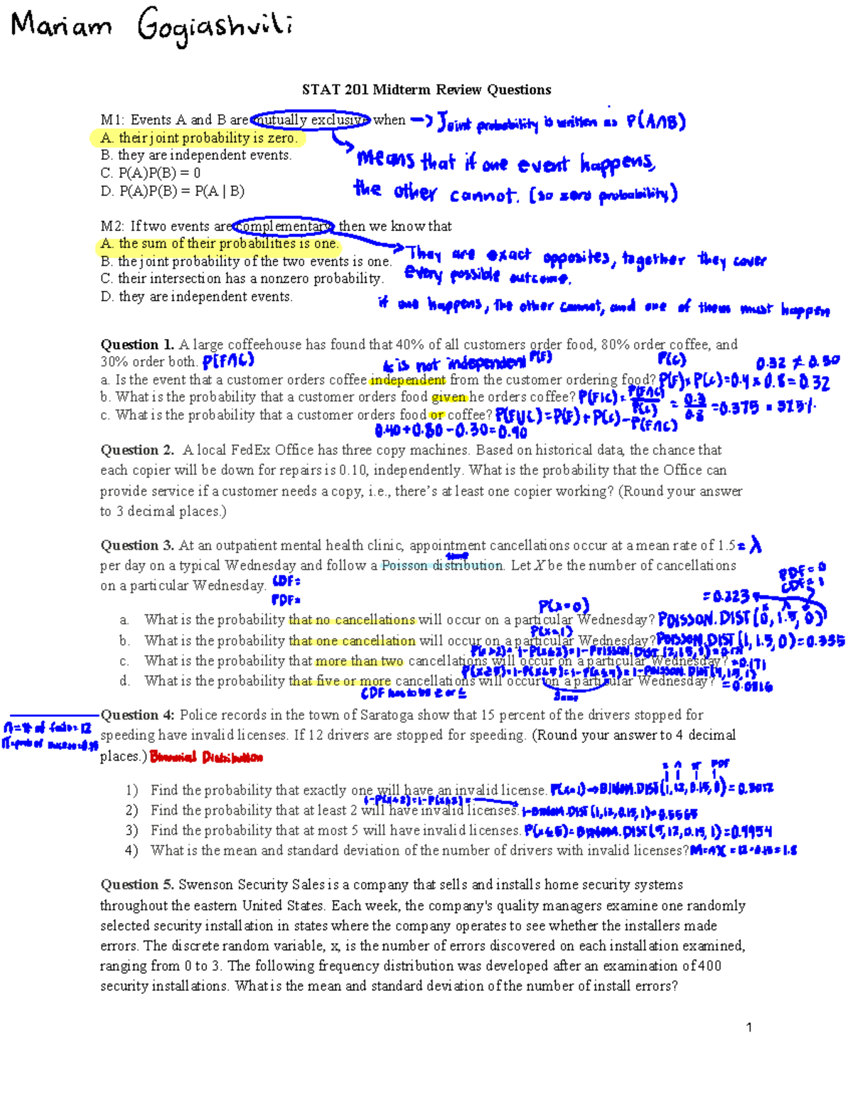 STAT 201 Midterm Review: Probability Concepts and Questions - Studocu