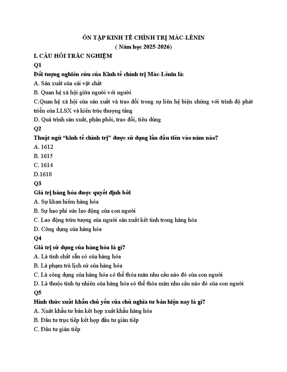 ÔN TẬP KINH TẾ CHÍNH TRỊ (2025-2026) - CÂU HỎI TRẮC NGHIỆM Q1-Q40 - Studocu
