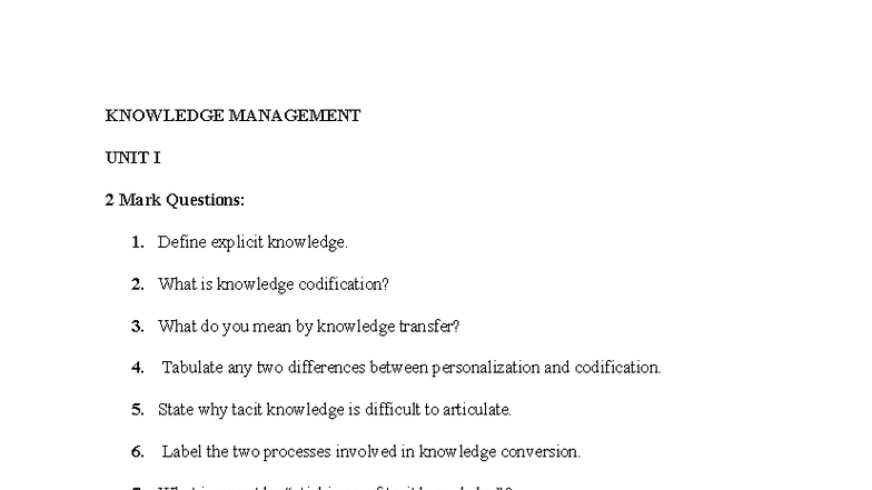 KM 101: Unit I 2 Mark Questions on Knowledge Management - Studocu