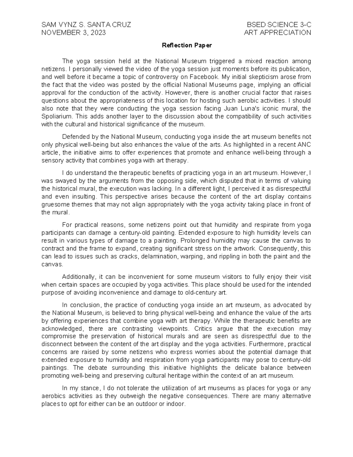 BSED SCIENCE ART APPRECIATION Reflection on Yoga in Museums - Studocu