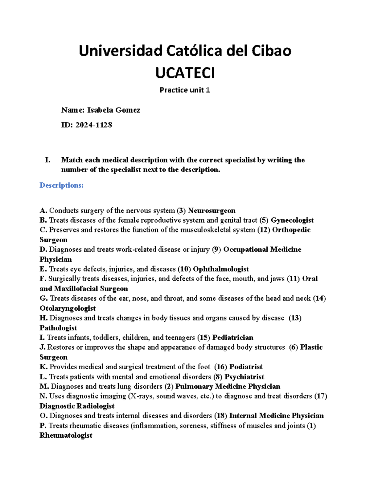 UCATECI Practice Unit 1: Medical Specialists Matching Exercise - Studocu