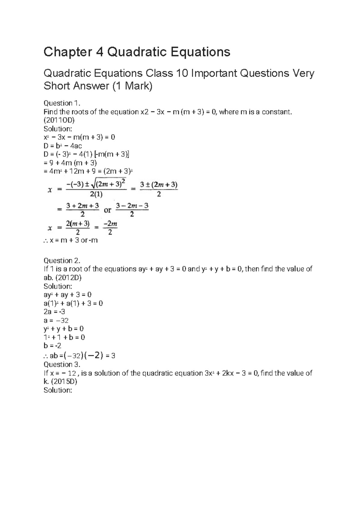 Chapter 4: Important Questions on Quadratic Equations for Class 10 ...