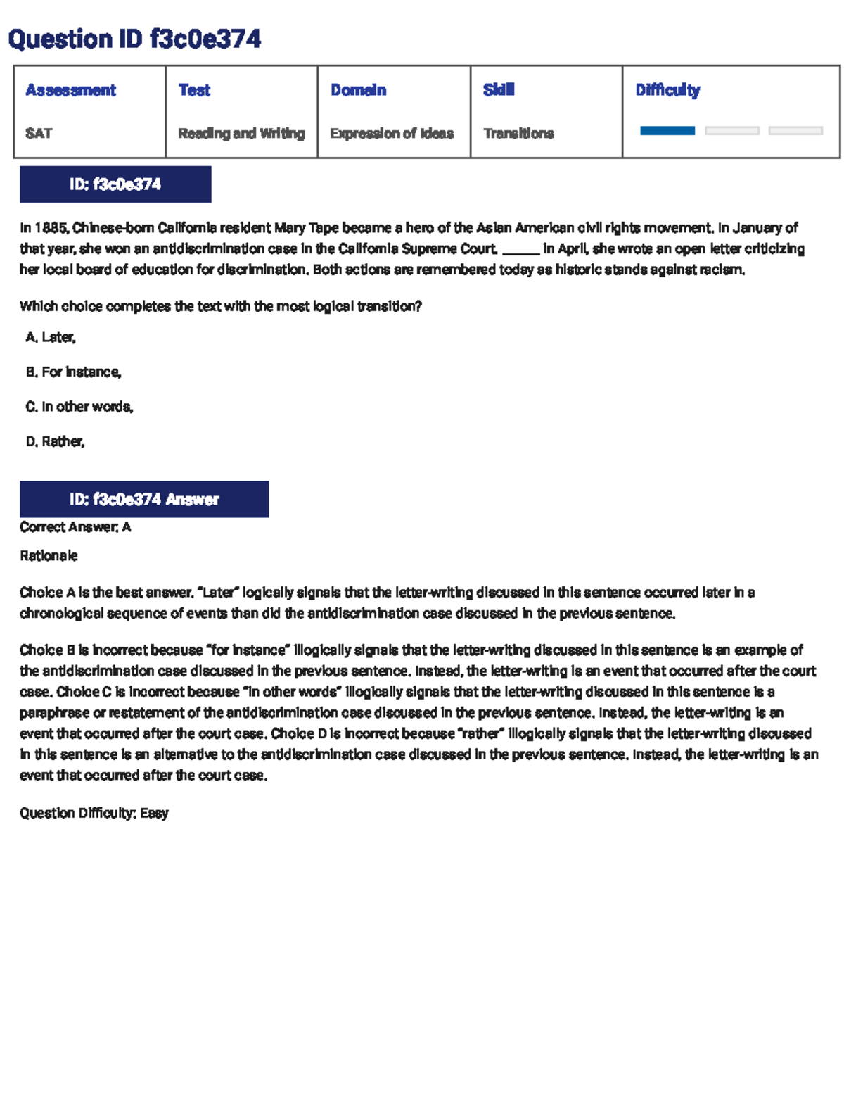 Assessment Test Domain Skill SAT Reading and Writing Expression of ...