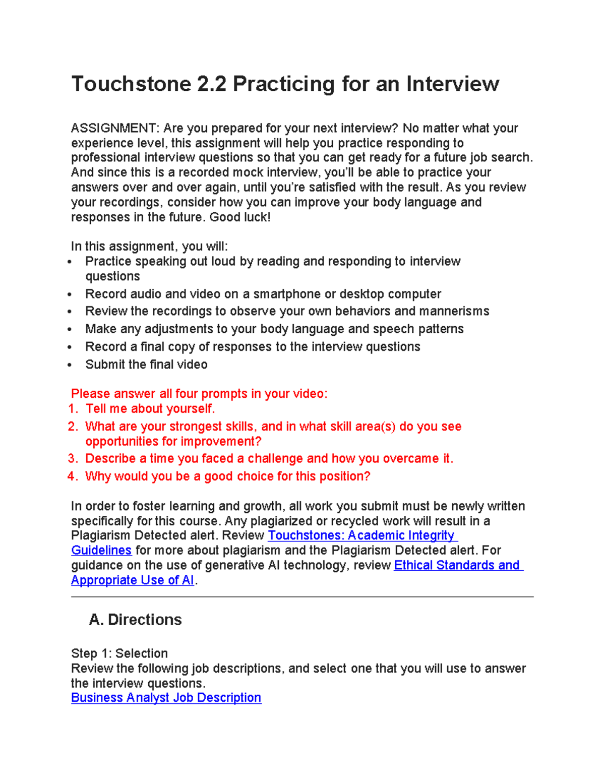 Career Readiness Touchstone 2.2: Mock Interview Preparation Guide - Studocu