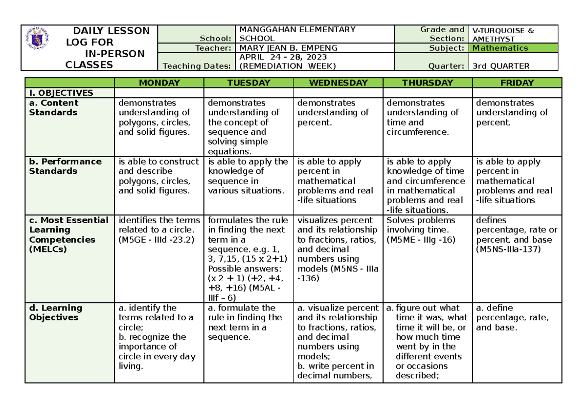 G5 Q3 Remediation Lesson Plan for Mathematics (MELCs) - Studocu
