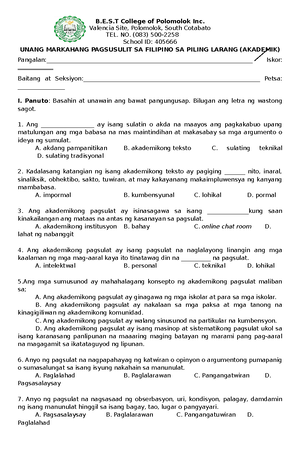 FIl 6 - Sample of test paper. - Republic of the Philippines Department ...