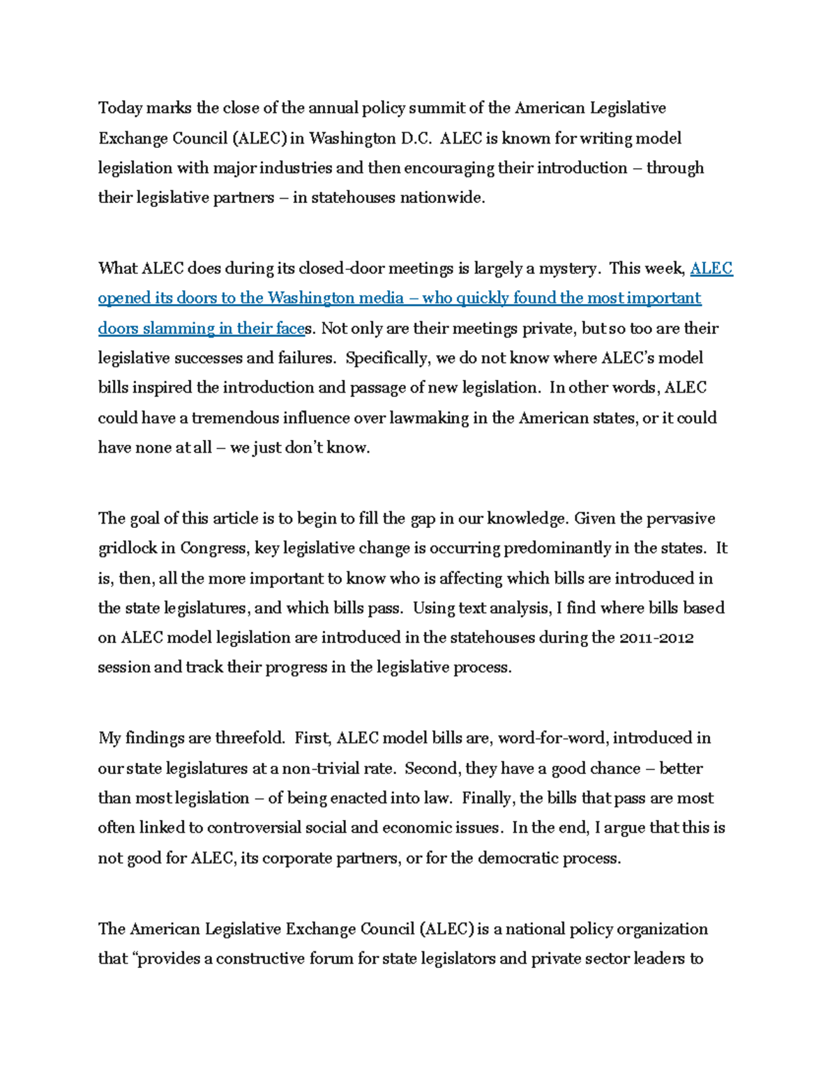 Analyzing ALEC's Legislative Influence: Model Bills Study (Sociology ...