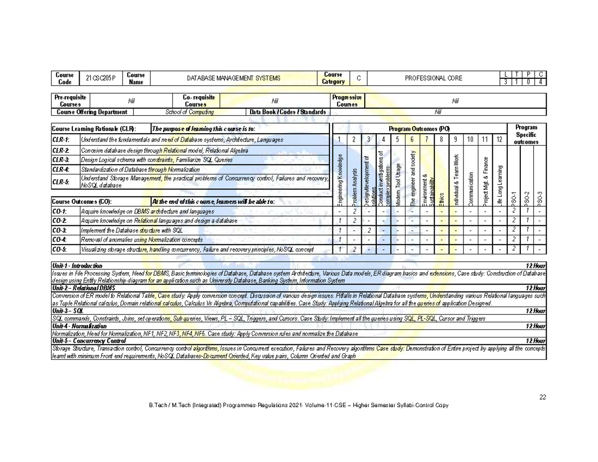 21CSC205P - DBMS Syllabus: Database Management Systems Overview - Studocu