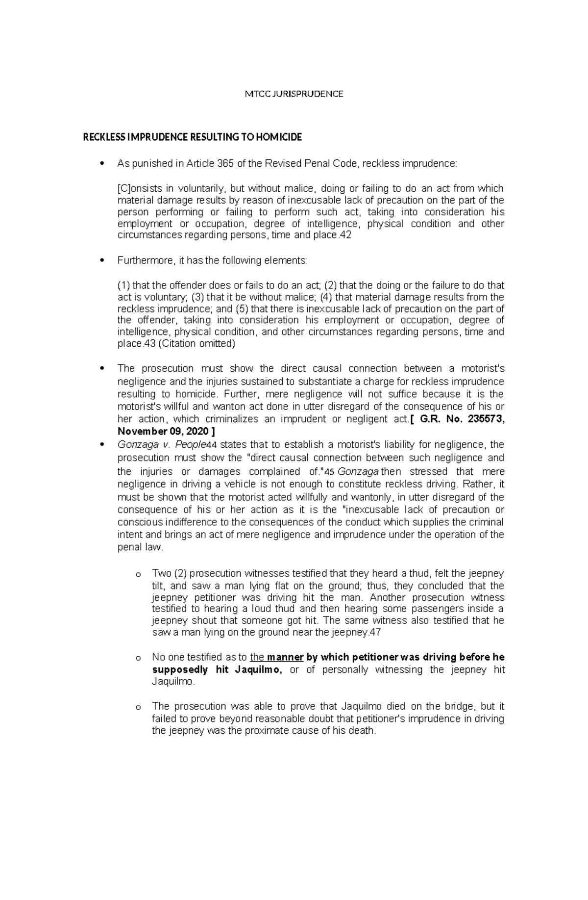 MTCC Jurisprudence: Reckless Imprudence Resulting to Homicide Analysis ...