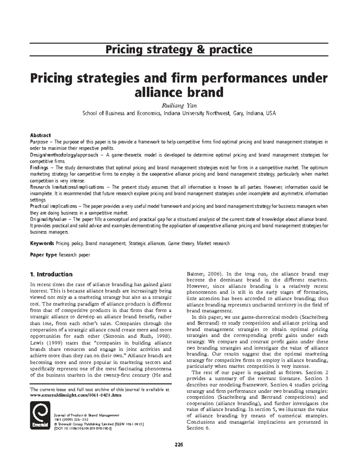 Pricing Strategies and Firm Performance in Alliance Branding (BUS 101 ...