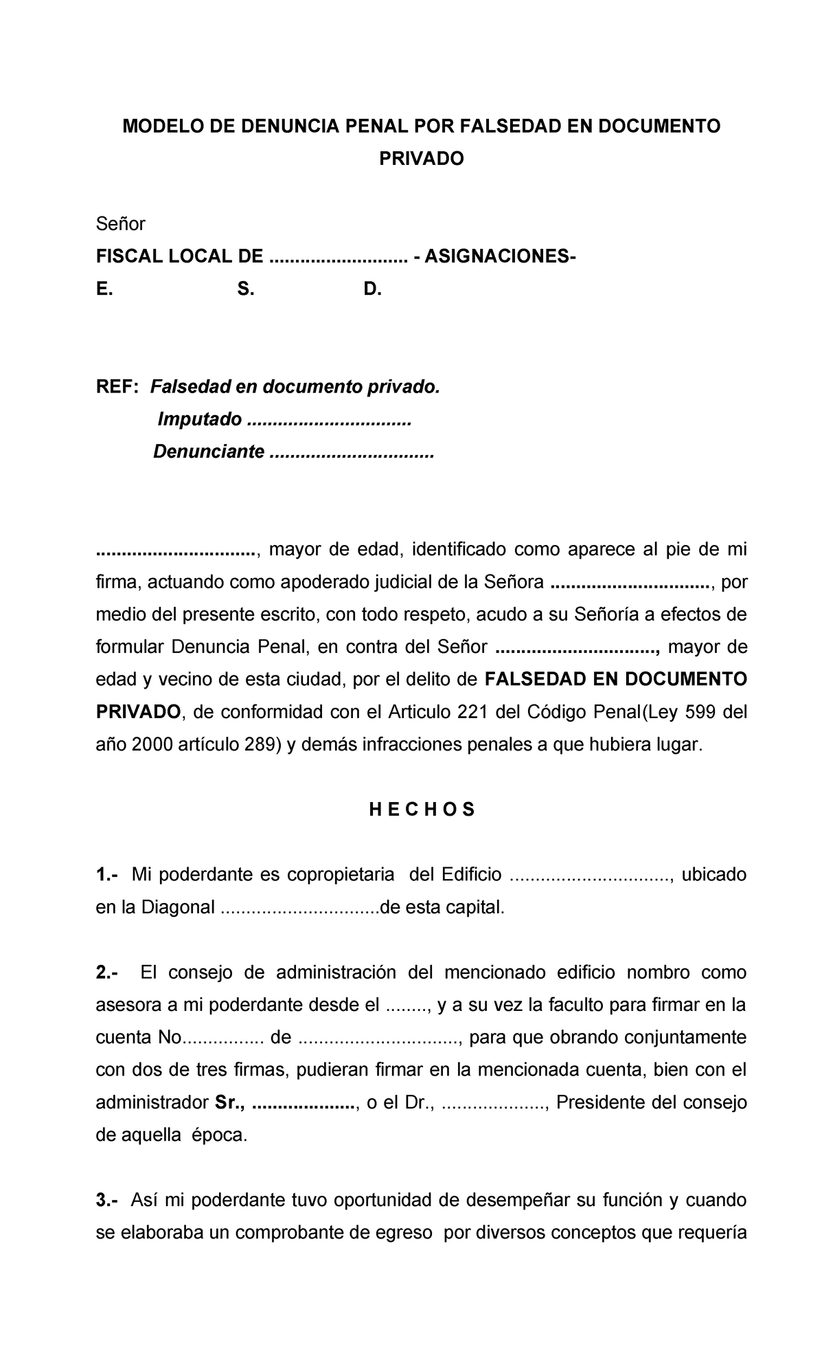 Modelo de Denuncia Penal por Falsedad en Documento Privado - Studocu