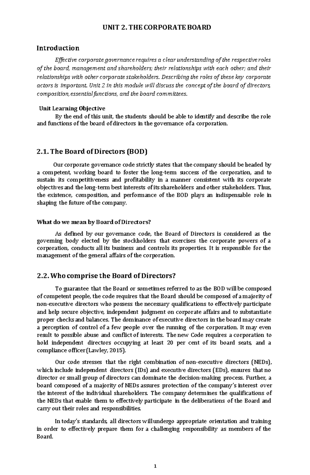 Unit 2: The Corporate Board - Roles, Responsibilities, and Governance ...