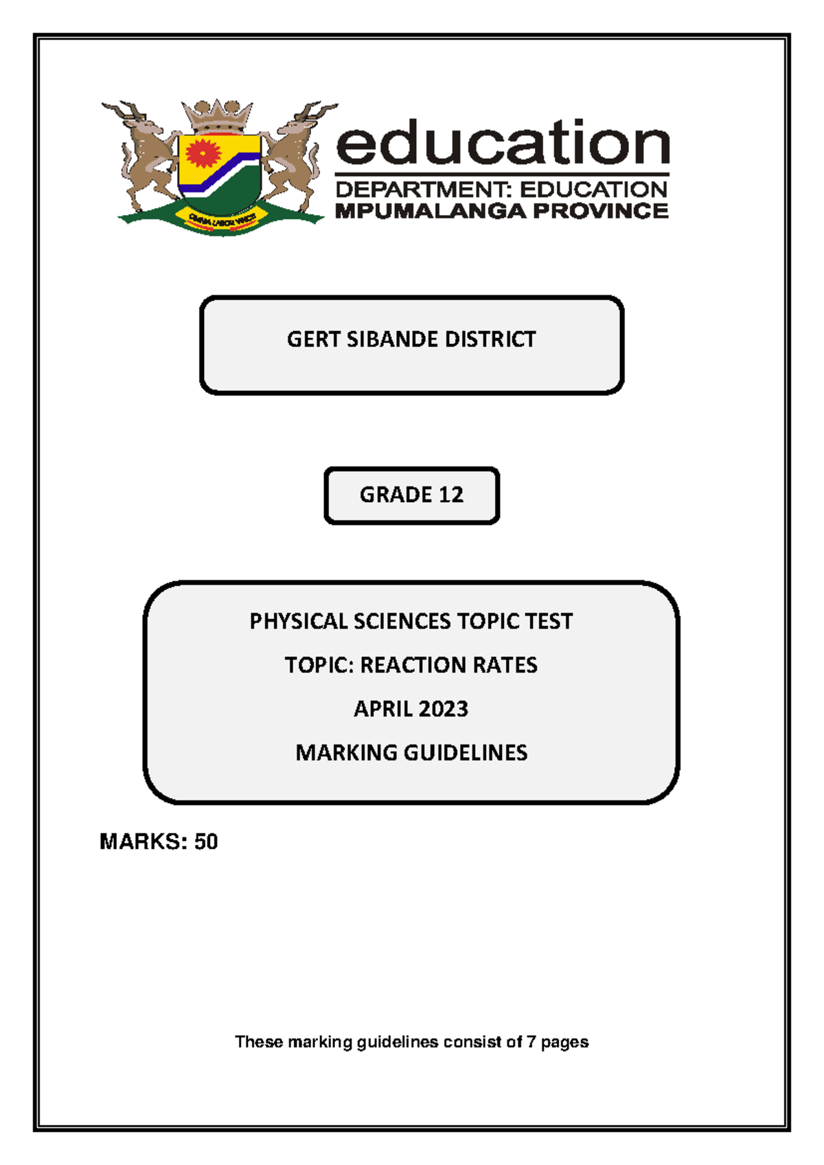 G12 Physical Sciences Topic Test: Reaction Rates Guidelines 2023 - Studocu
