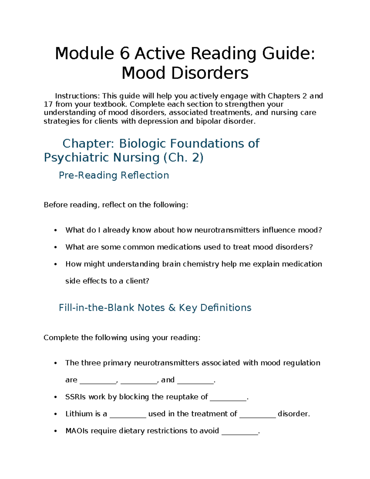 NUR2459 Module 6 Active Reading Guide 7.20.25 AM - Module 6 Active Reading Guide: Mood Disorders ...