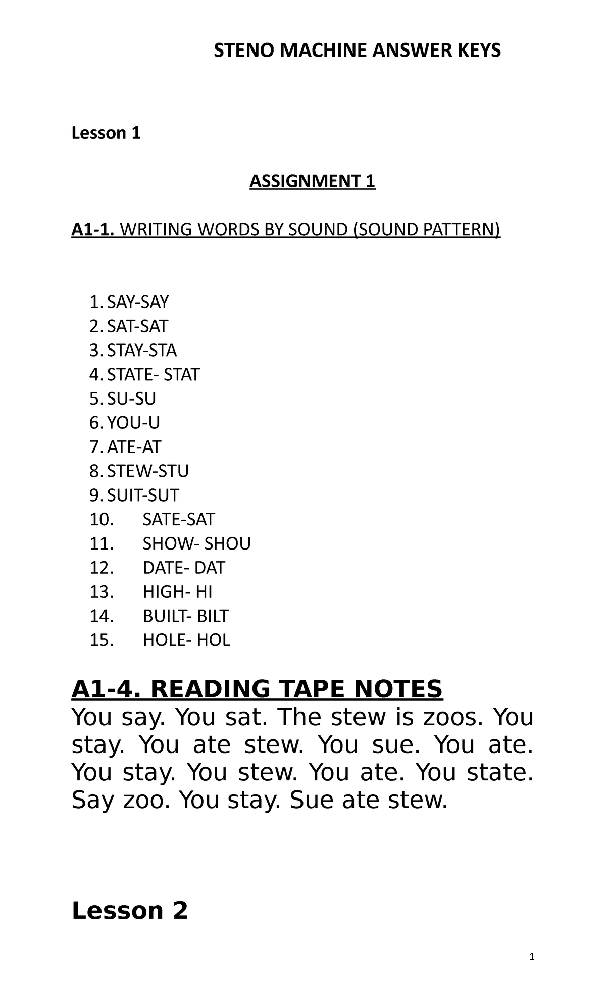 Machine Shorthand Transcription: Sound Patterns Lessons 1-20 - Studocu