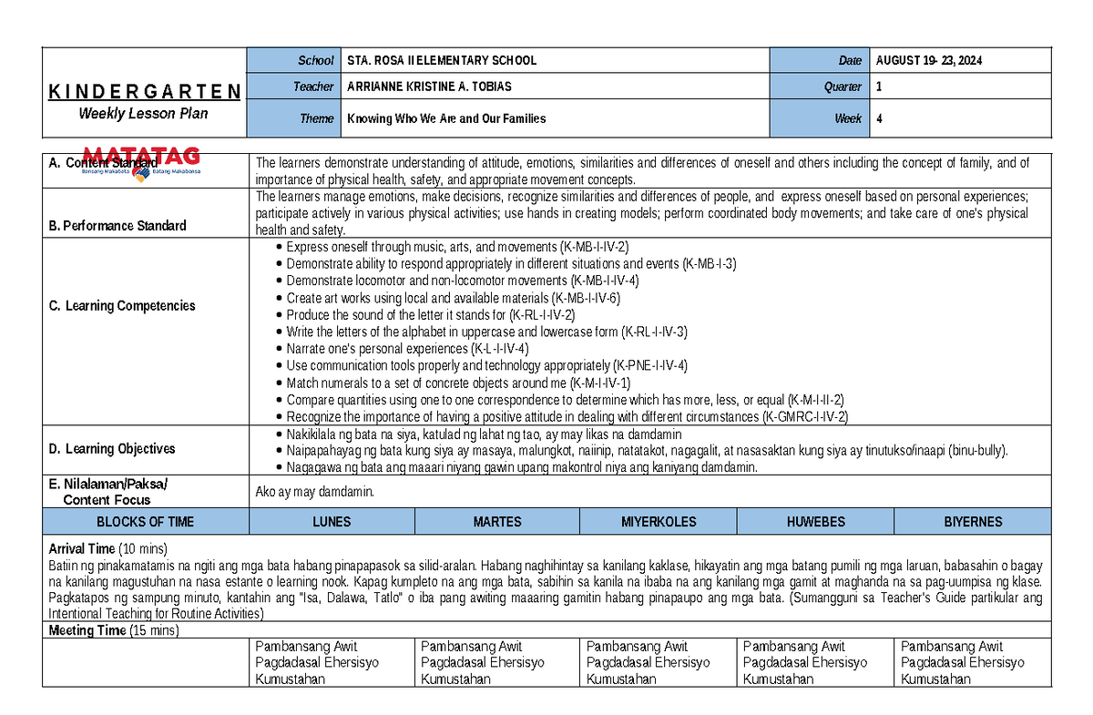 WEEK 4 LESSON PLAN: Understanding Emotions & Family (KINDERGARTEN ...