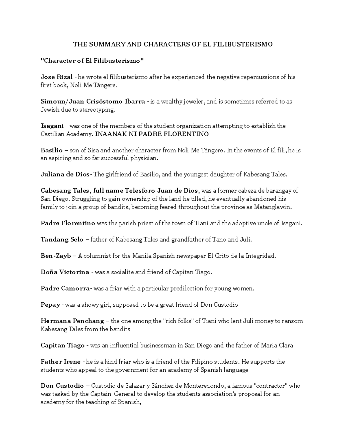 Summary and Character Analysis of El Filibusterismo - Studocu