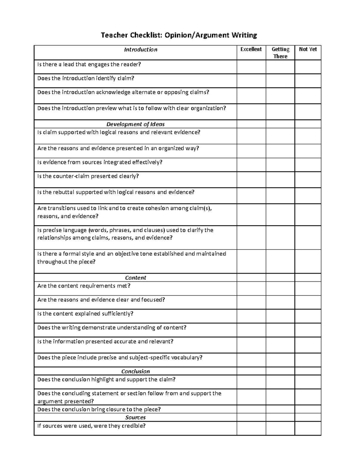 Comprehensive Argument Checklist: Teacher's Guide to Writing - Studocu