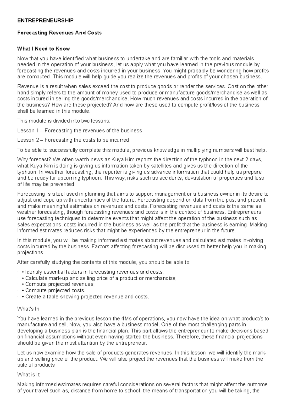 Entrepreneurship Forecast Revenue AND COST - ENTREPRENEURSHIP ...