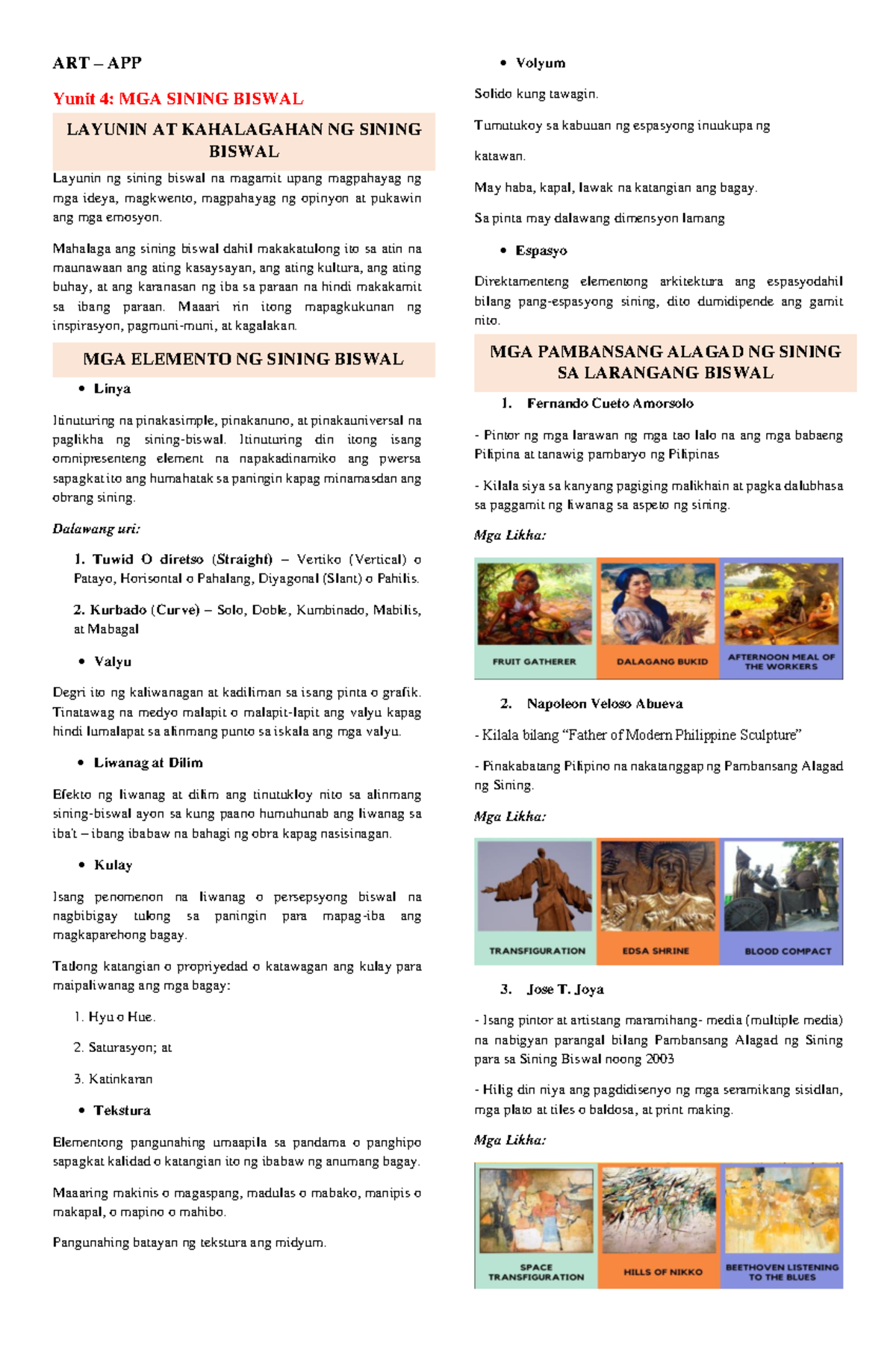 Art App Midterm Lessons - ART – APP Yunit 4: MGA SINING BISWAL Layunin ...