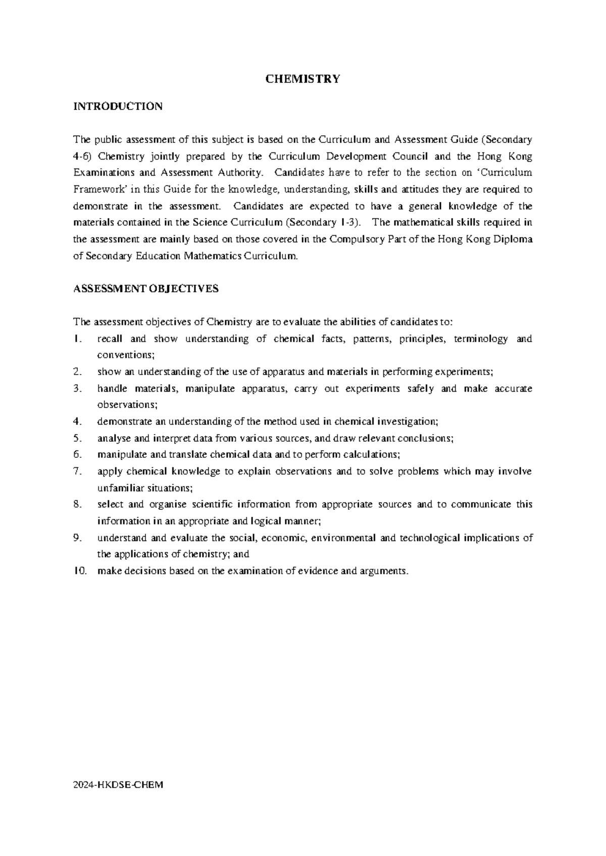 2024 HKDSE Chemistry Assessment Guide and Objectives - Studocu
