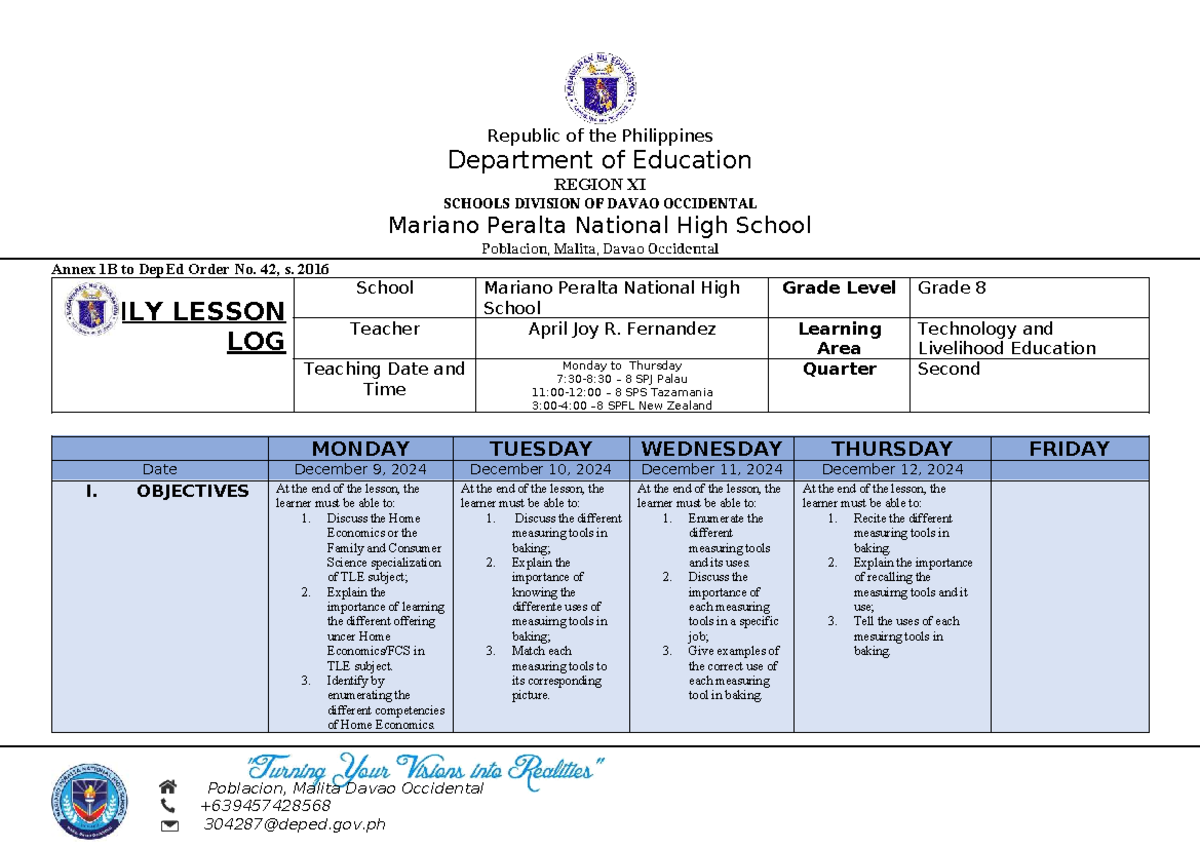 Q3 Grade 8 TLE Daily Lesson Log: Home Economics & Measuring Tools - Studocu