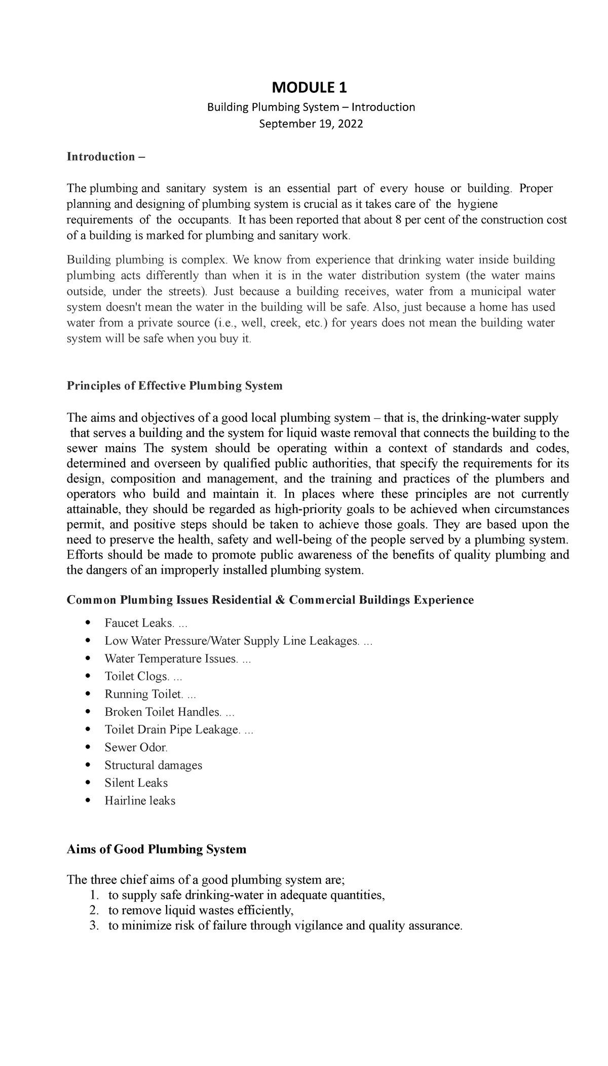 Module 1: Introduction to Building Plumbing Systems and Design - Studocu
