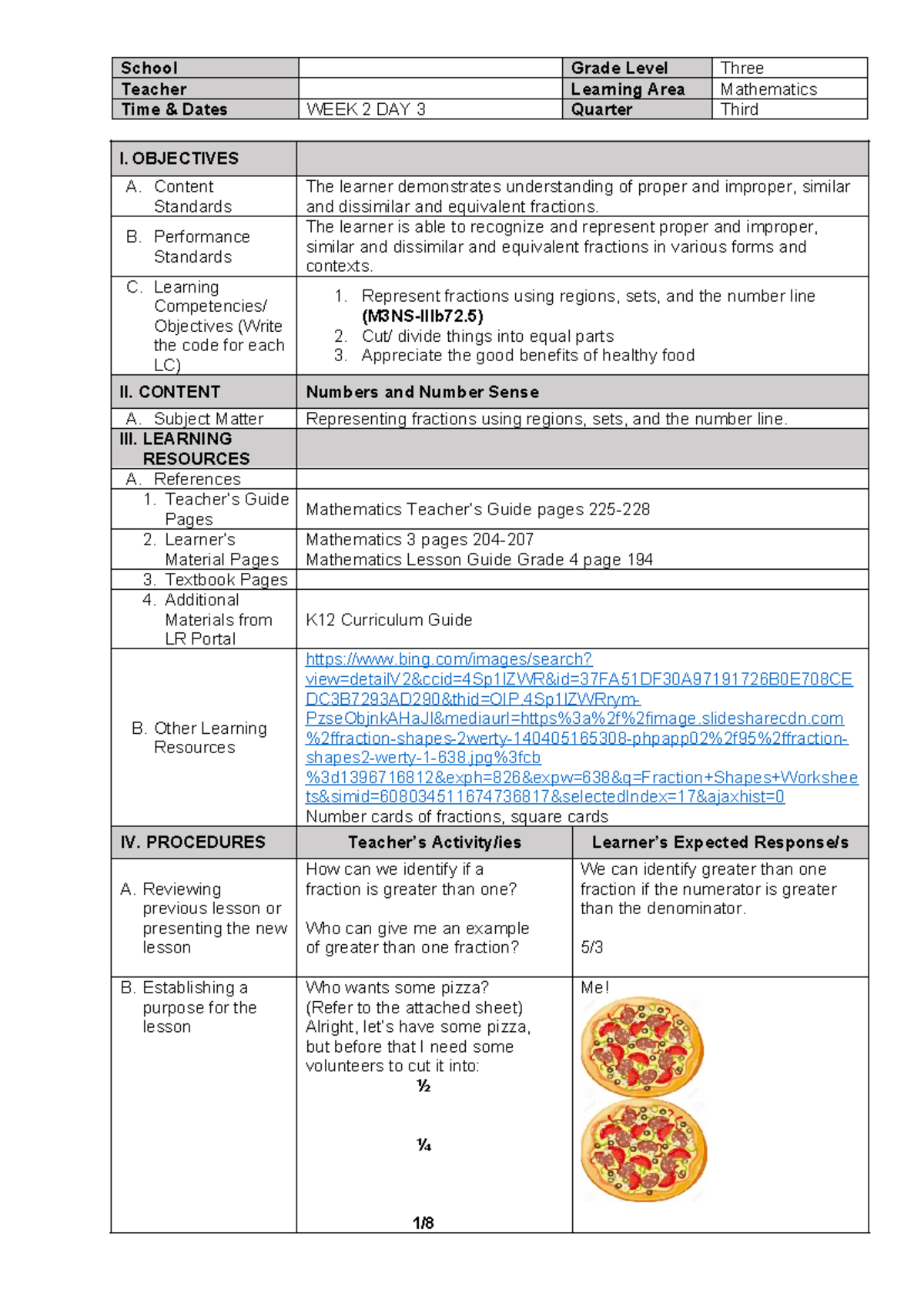 Day 3 Detailed Math Lesson Plan for G3: Fractions & Representation ...