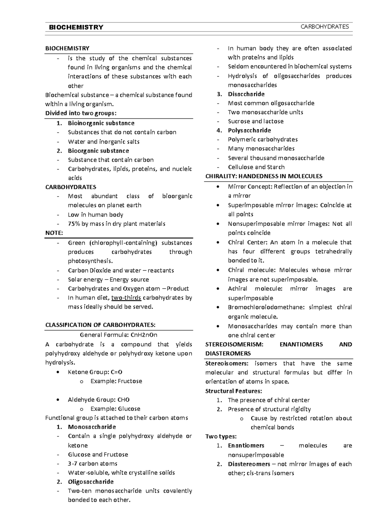 BIOCHEMISTRY - CARBOHYDRATES LECTURE NOTES & CLASSIFICATION - Studocu