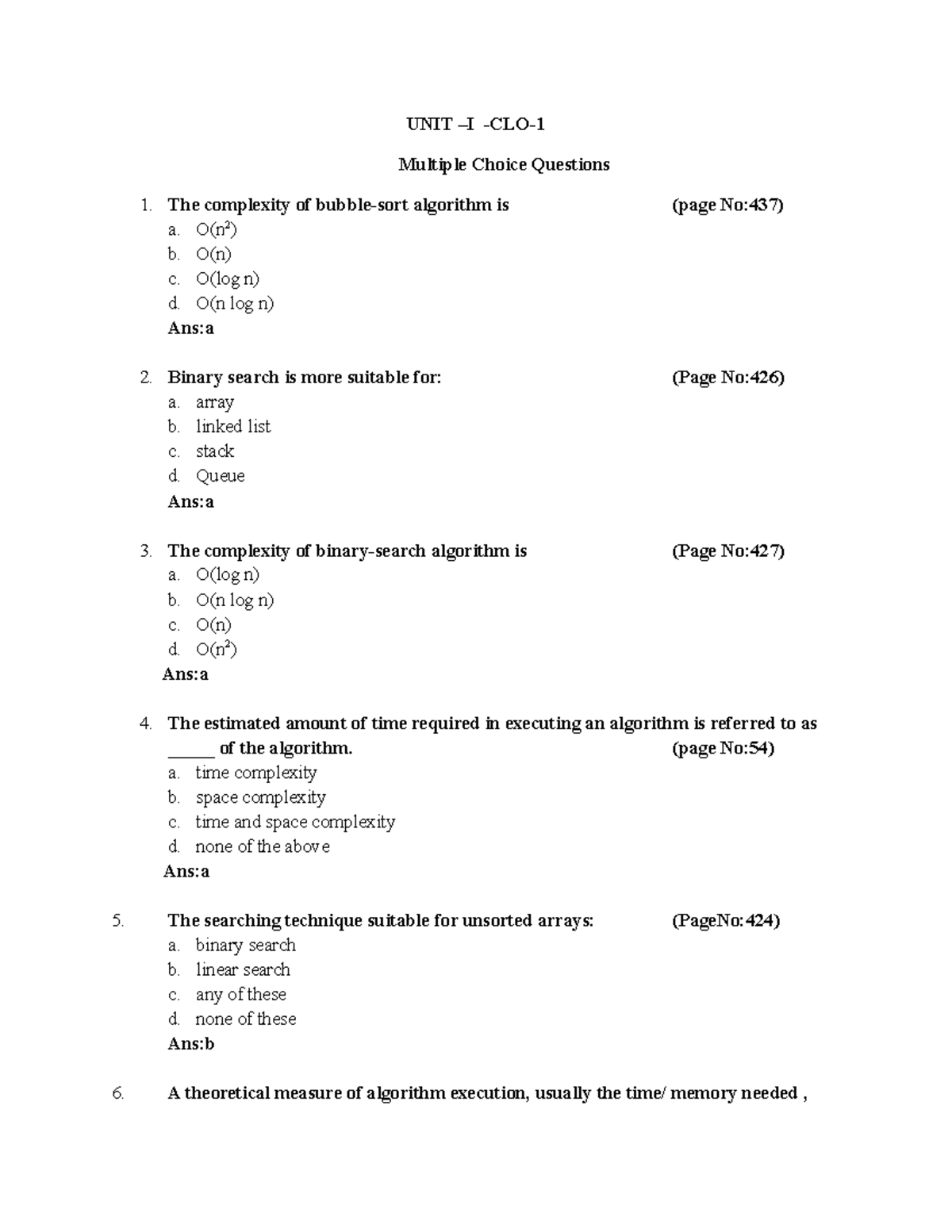QB UNIT I - Comprehensive Question Bank for Algorithms and Complexity ...