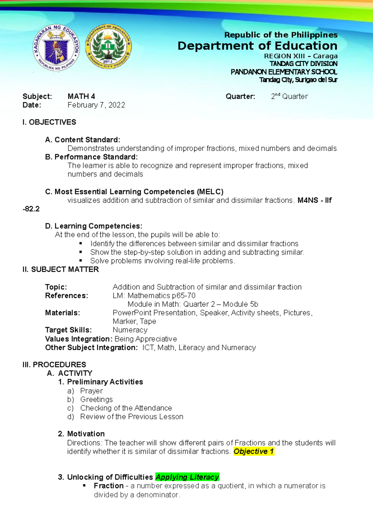 MATH 4 2nd Quarter - Lesson Plan on Fractions and their Operations ...
